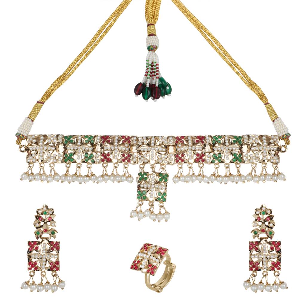 Multicolor Pearl-Studded Choker Set With Earrings & Adjustable Ring ...