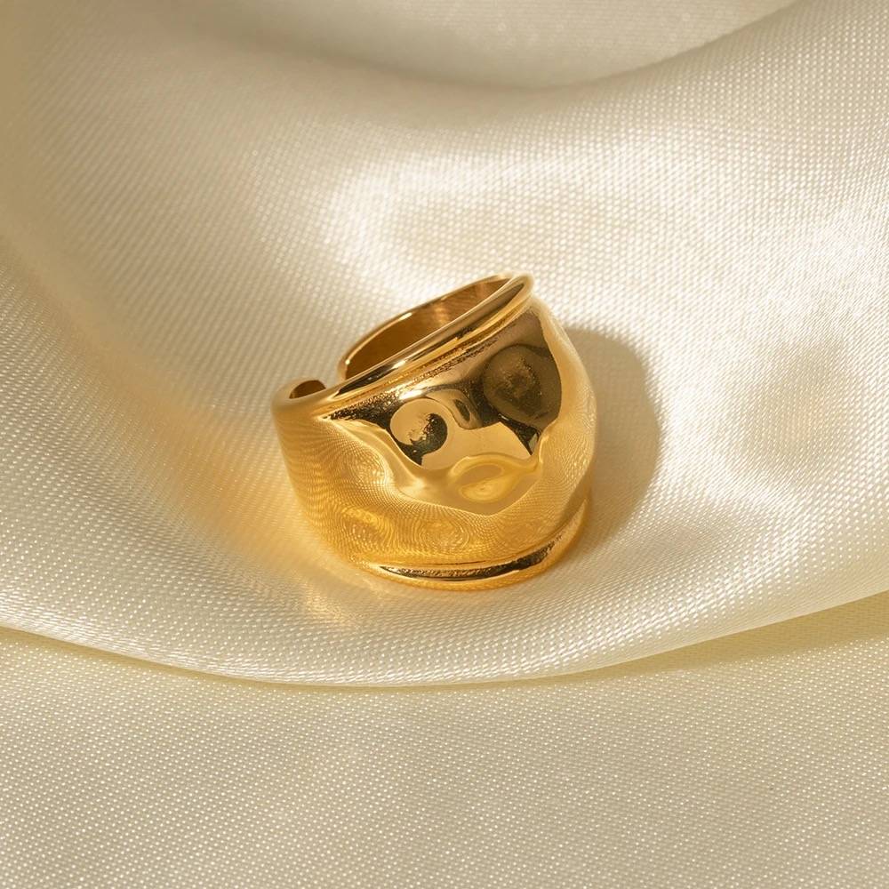 18Kt Gold Plated Hammered Statement Open Ring, Pebble | 18Kt Gold Plated Hammered Statement Open ...