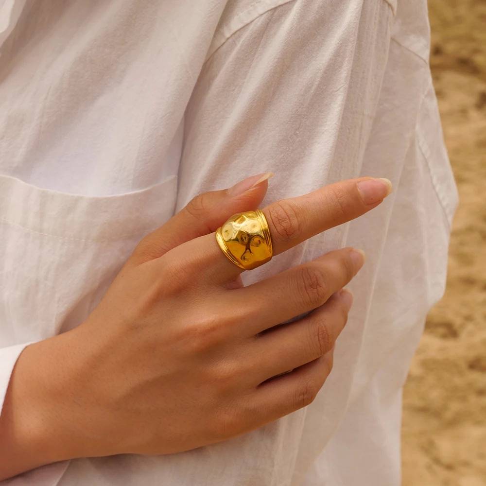 18Kt Gold Plated Hammered Statement Open Ring, Pebble | 18Kt Gold Plated Hammered Statement Open ...