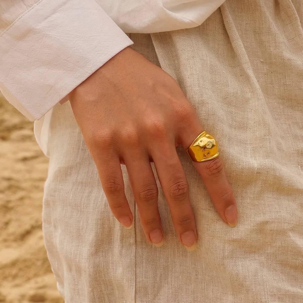 18Kt Gold Plated Hammered Statement Open Ring, Pebble | 18Kt Gold Plated Hammered Statement Open ...