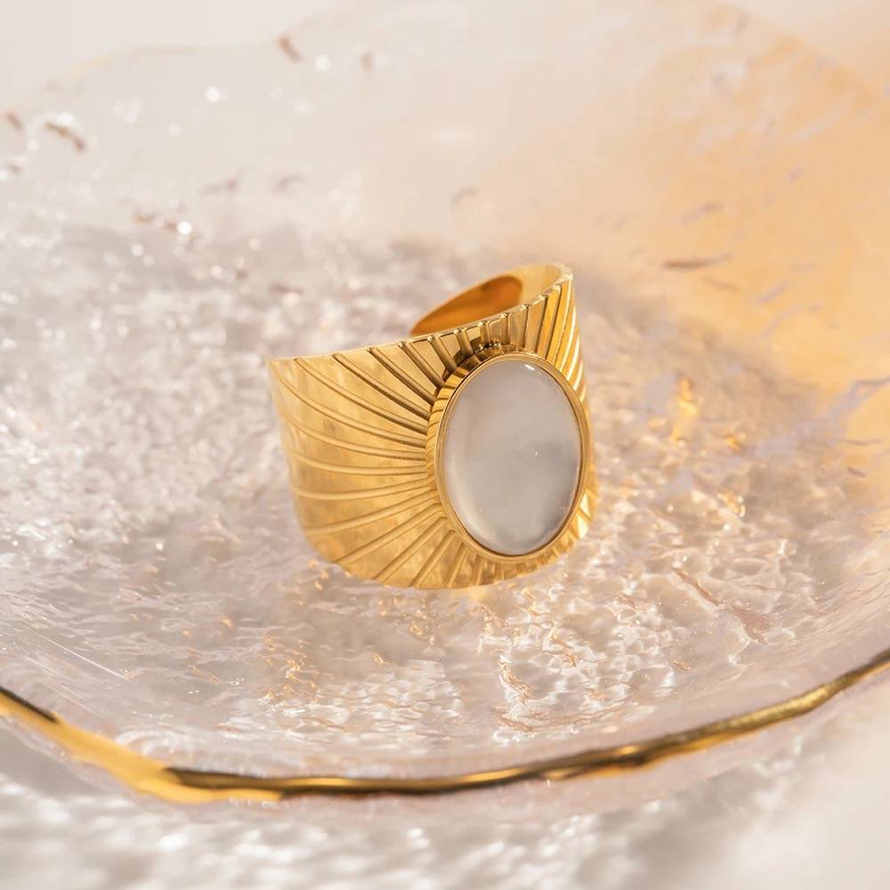 18Kt Gold Plated Natural White Shell Sun Ring, Kori | 18Kt Gold Plated ...