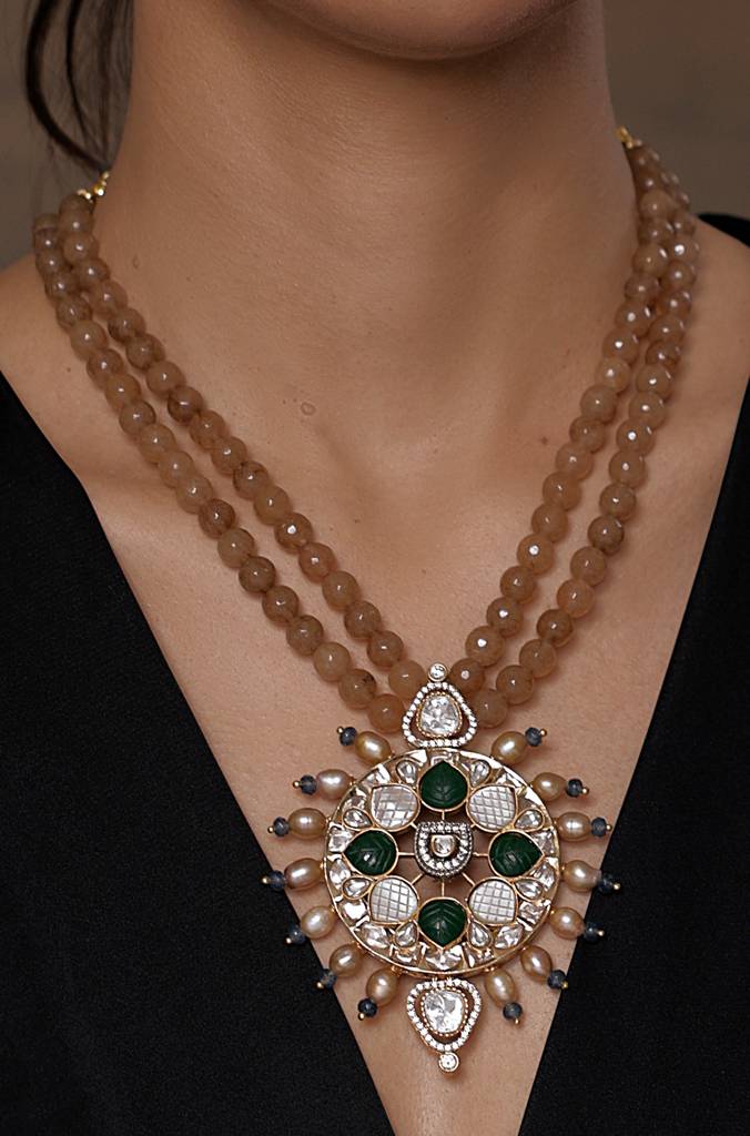 Beige Stone Bead Necklace With Polki Pendant | Beige Stone Bead ...