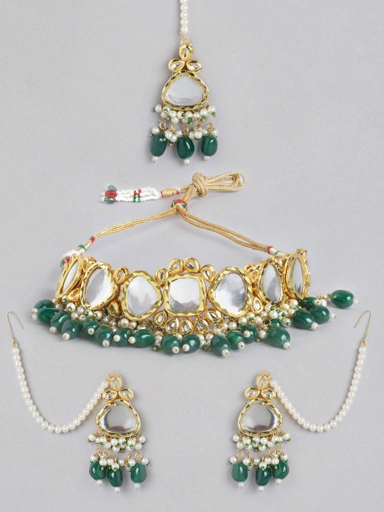 Firoza Gold-Toned & Green Kundan Studded & Beaded Vilandi Jewellery Set | Firoza Gold-Toned ...