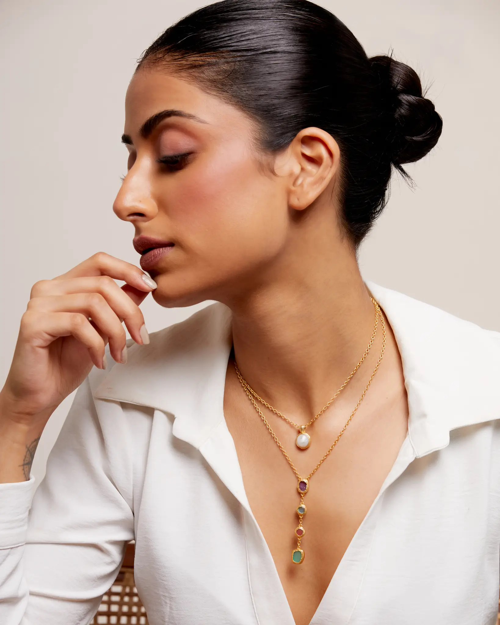 22kt Gold Plated Multicolored Rough Stone Thread Layered Necklace ...