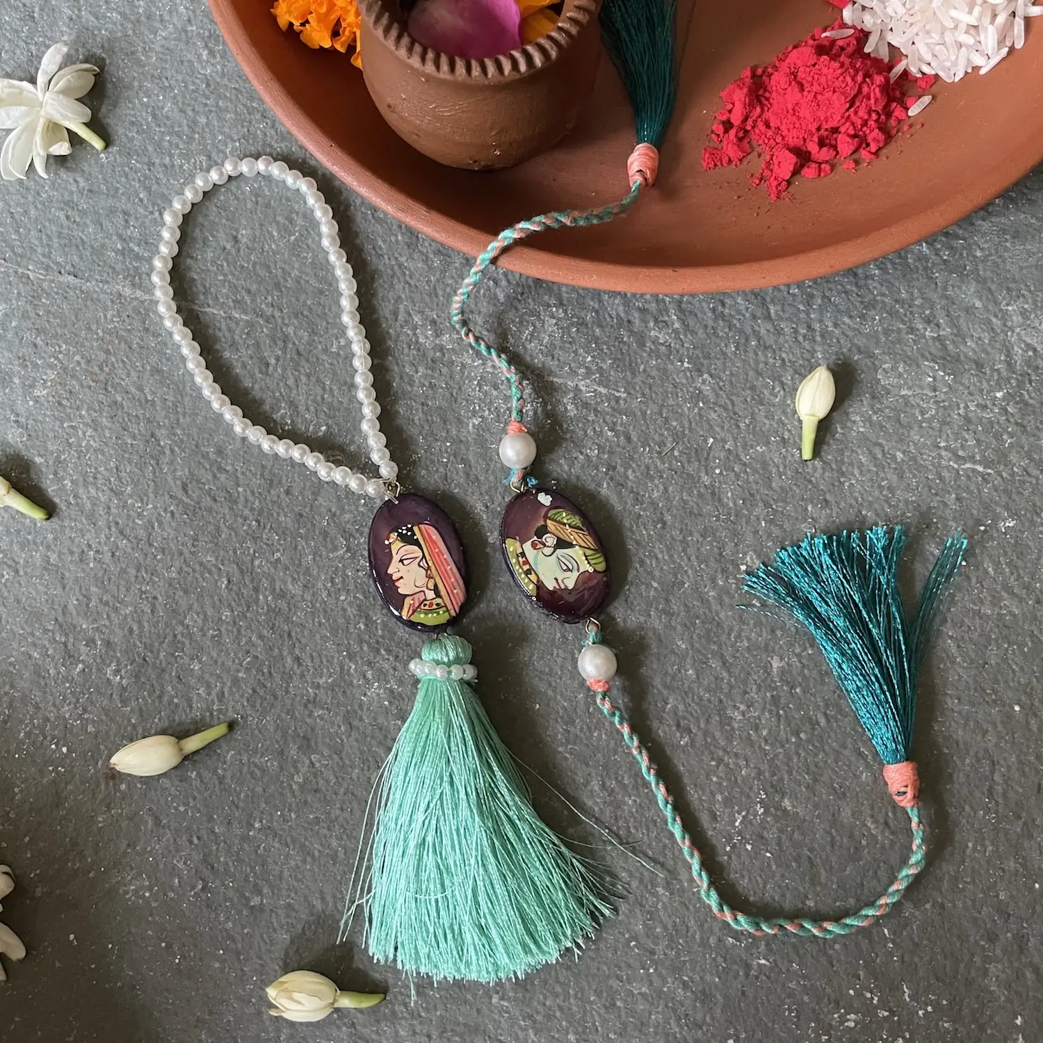 Handpainted Rakhi Lumba Set- Green And Indigo | Handpainted Rakhi Lumba ...