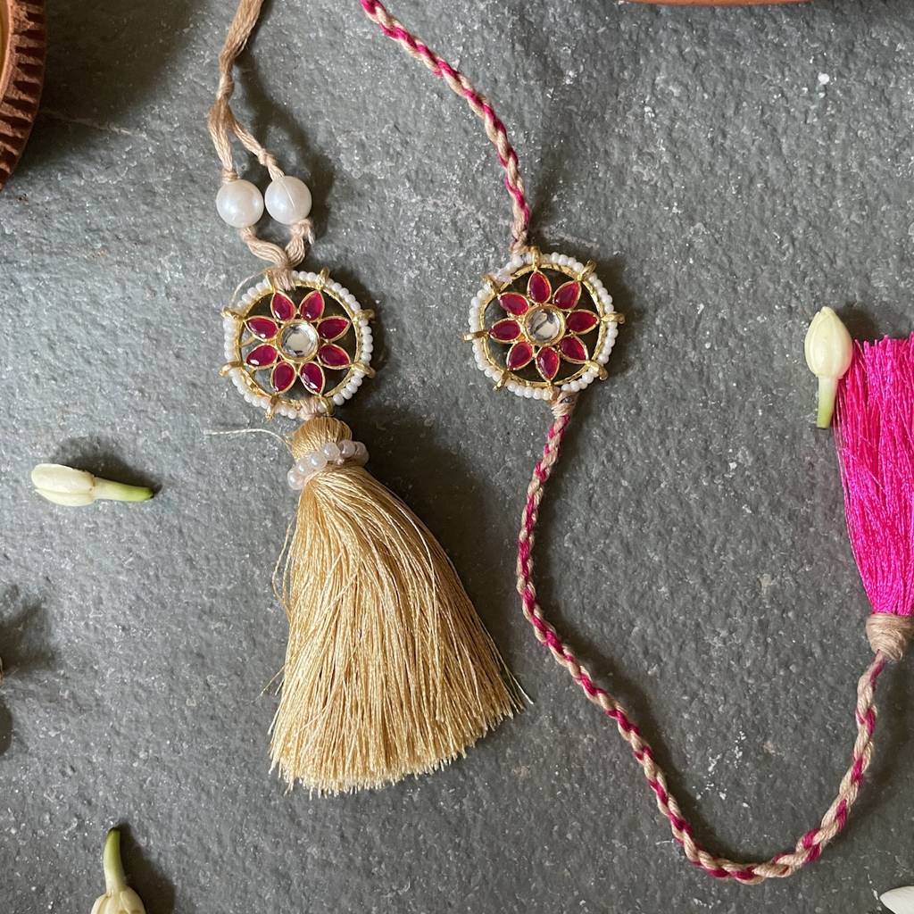 Kundan Rakhi Lumba Set- Golden And Hot Pink | Kundan Rakhi Lumba Set ...