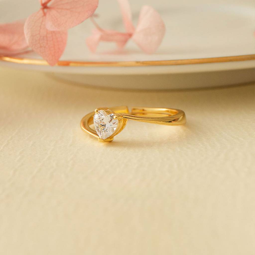 Heart Solitaire Gold Plated Sterling Silver Adjustable Ring | Heart ...