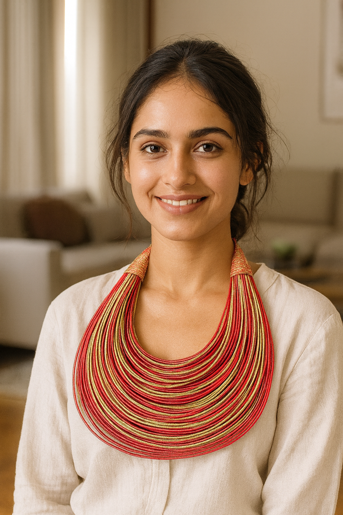 Muted Beige And Red Handmade Silk Threads Multi-Layer Statement African Choker Necklace | Muted ...