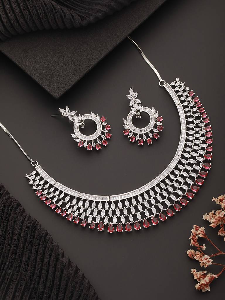 Silver Plated Red Ad & Cz-Studded Contemporary Jewellery Set | Silver ...
