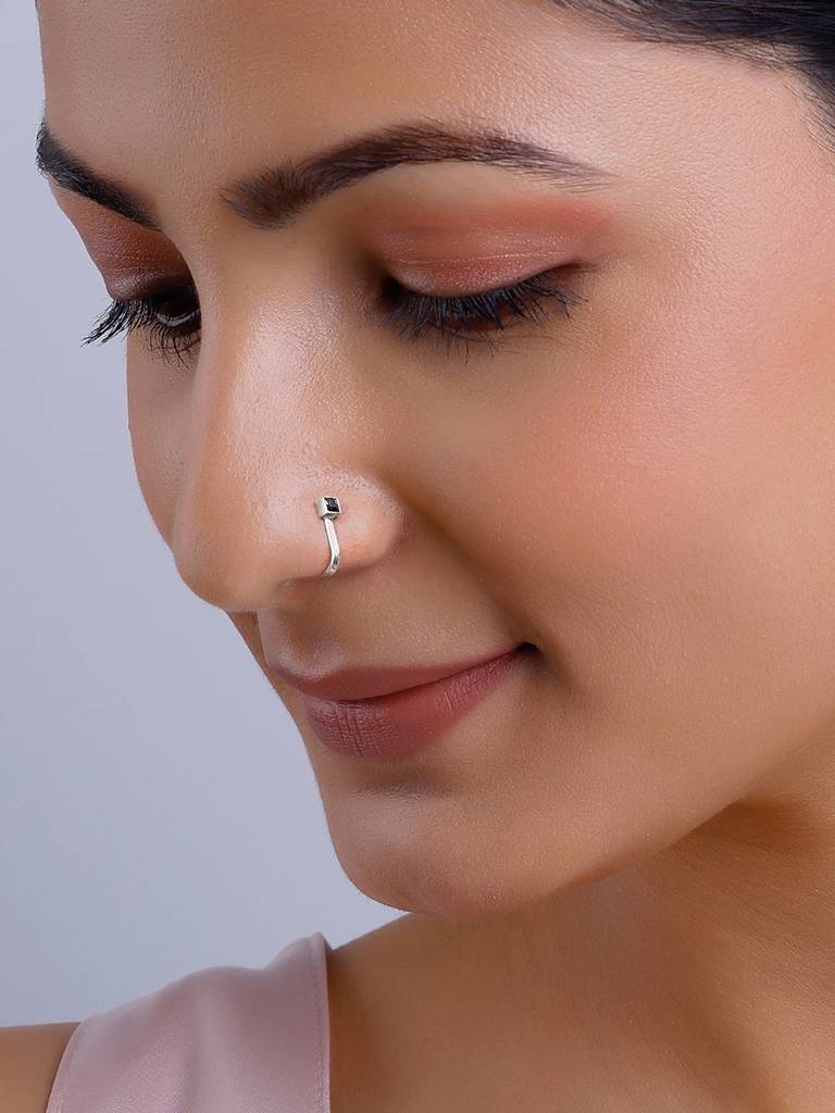 Silver Oxidised Silver Black Square Nose Pin (Clip On) | Silver ...