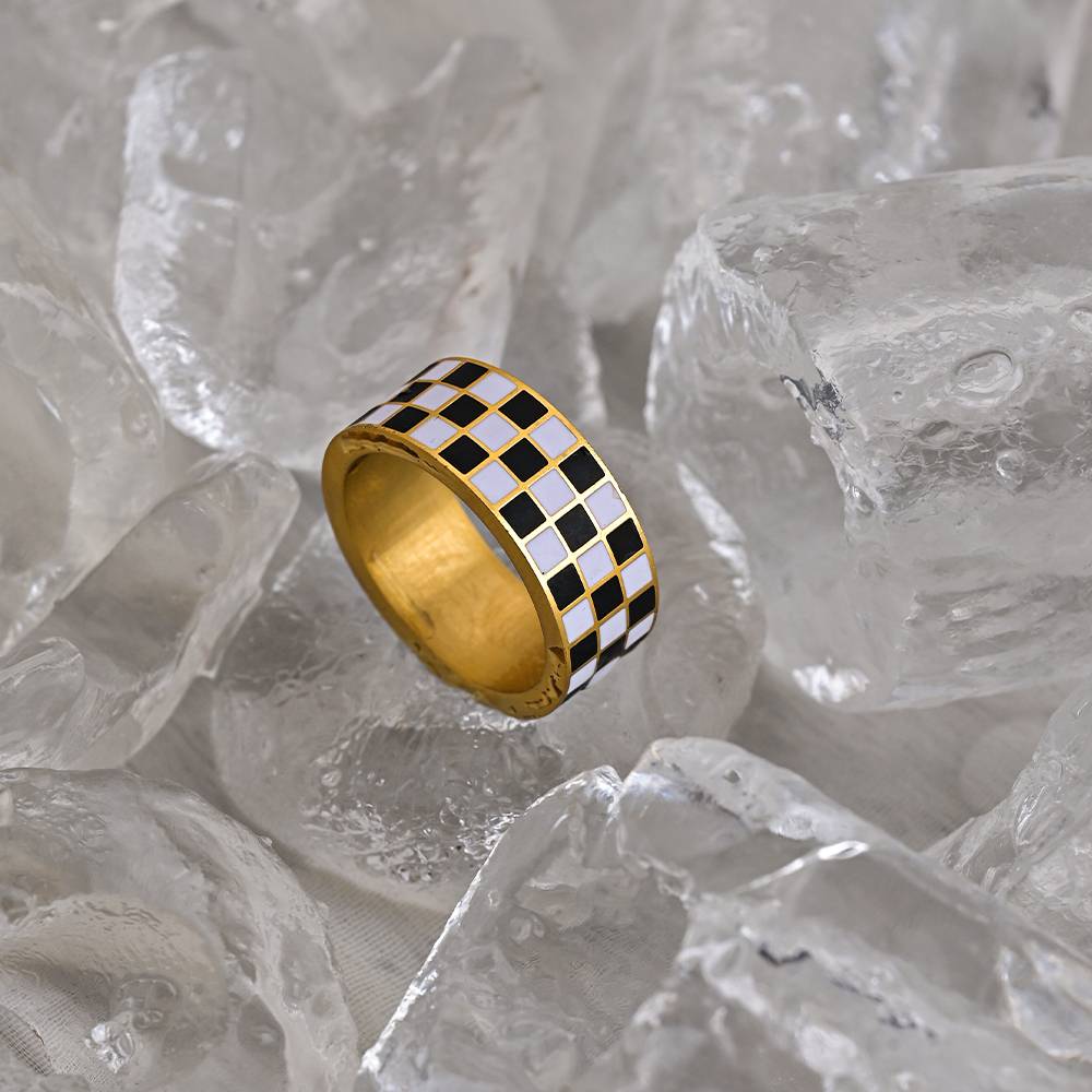 18K Gold-Plated Blue Tri Colour Checkered Finger Ring | 18K Gold-Plated ...