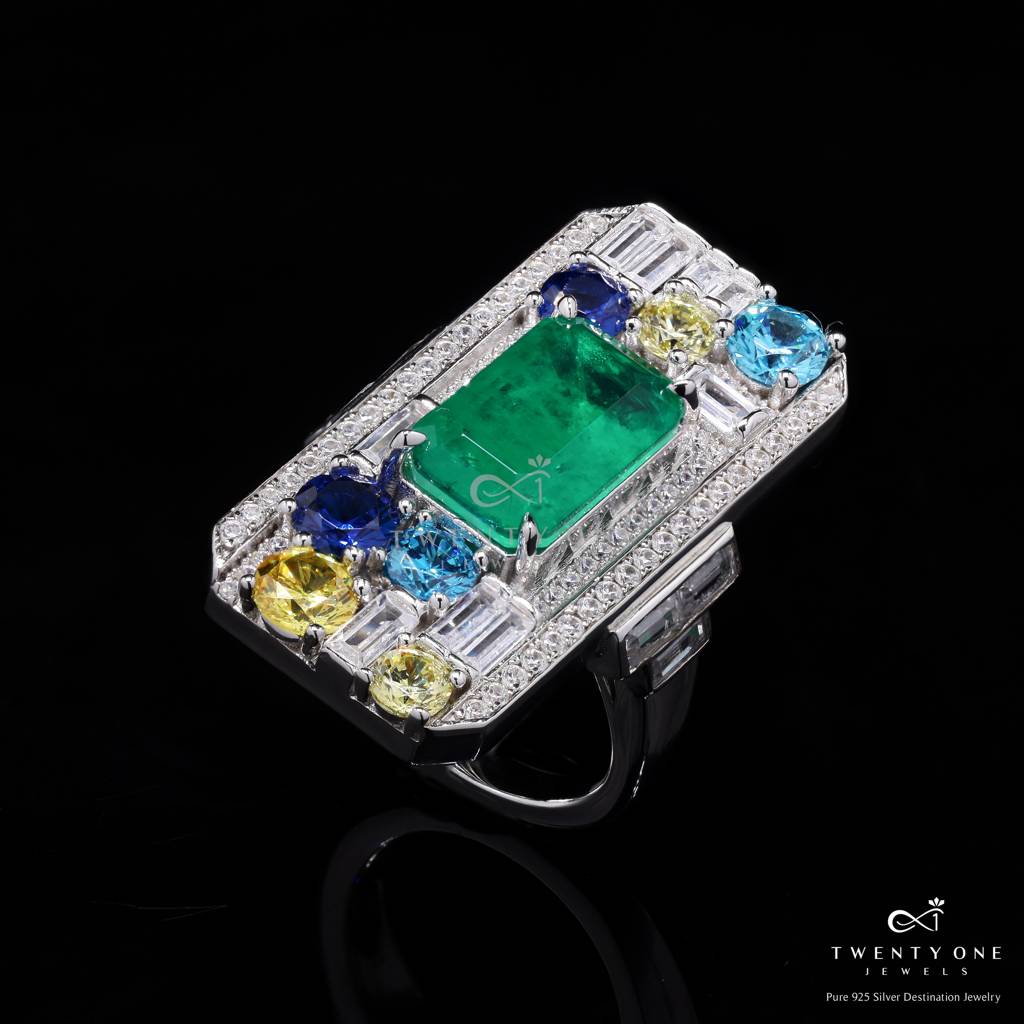 Premium Emerald And Diamond Marissa Ring On Pure 925 Silver | Premium ...