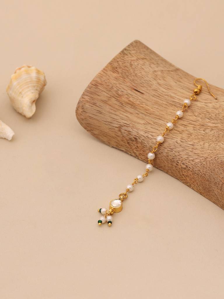 Tear Drop Maang Tikka With Jhallar Pearls Bead In Gold Plated Brass ...