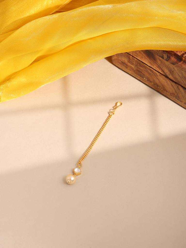 Square Shaped Kundan Maang Tikka With Pearls Bead Drop In Gold Plated ...