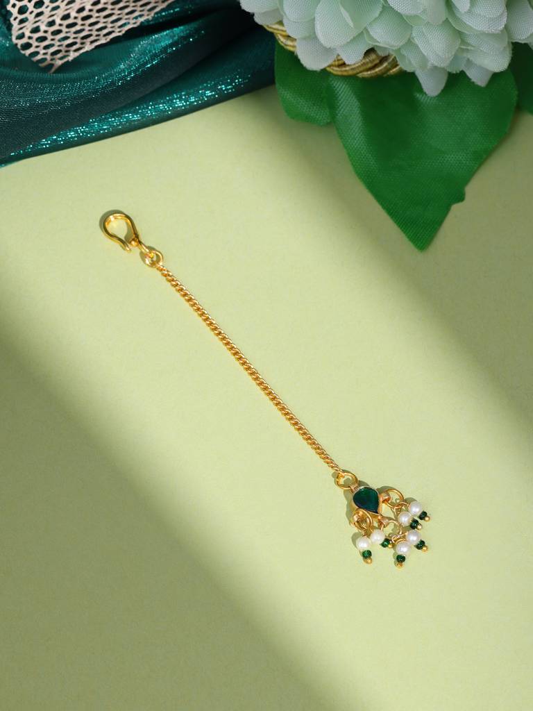 Tear Drop Shaped Maang Tikka With Jhallar Pearls Bead In Gold Plated ...
