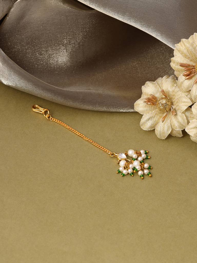 Tear Drop Shaped Maang Tikka With Jhallar Pearls Light Green Bead In ...