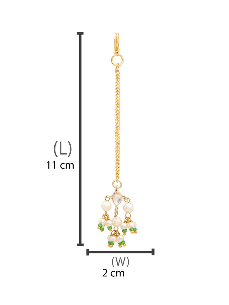 Tear Drop Shaped Maang Tikka With Jhallar Pearls Light Green Bead In ...