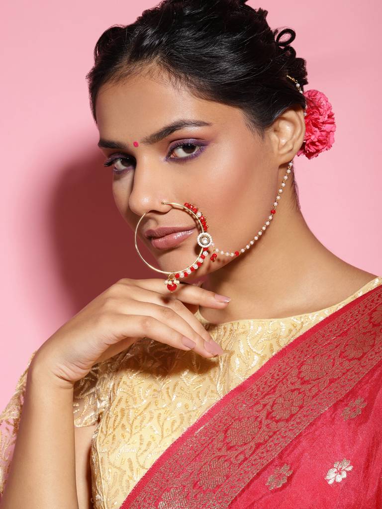 Red Stone And Pearl Stone Beaded Nose Ring | Red Stone And Pearl Stone ...