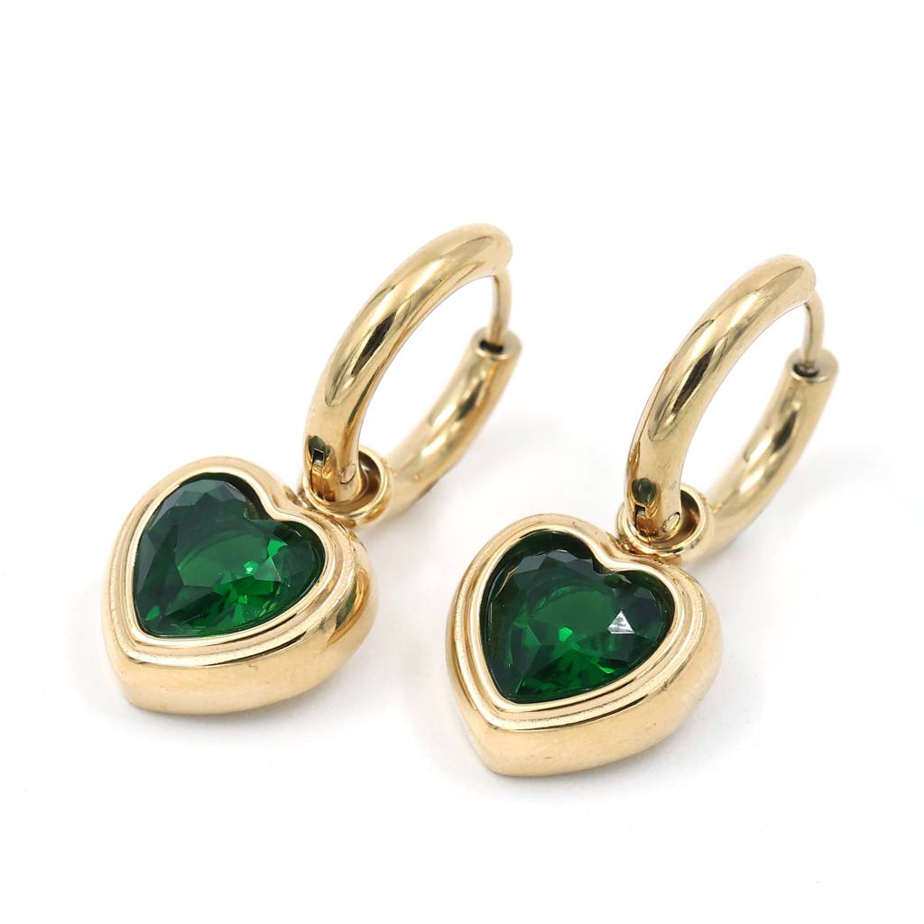 Gold Plated Stainless Steel Millie Heart Hoops (Emerald) | Gold Plated ...