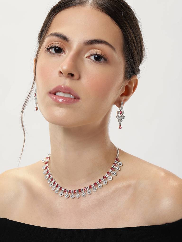 Luxury Silver Necklace Set With Intricate American Diamond Details ...