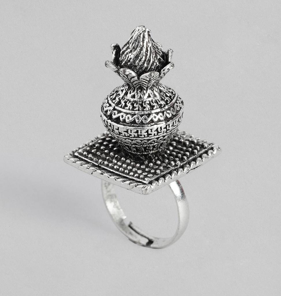 Women Silver-Plated Kalash Oxidised Adjustable Finger Ring | Women ...