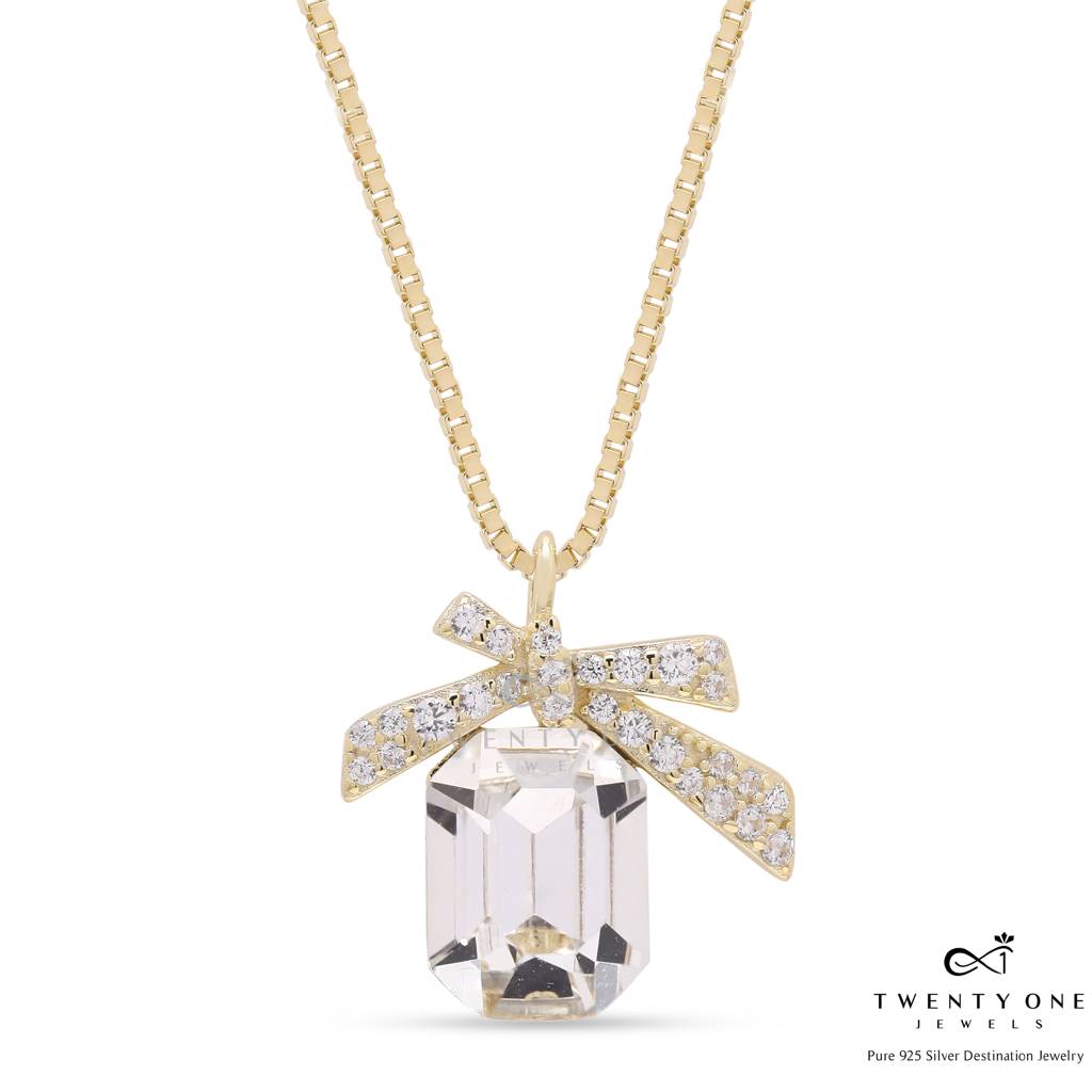 Gold Finish Emerald Cut Solitaire Bow Pendant With Chain On Pure 925 ...