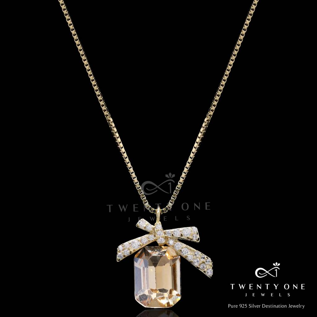 Gold Finish Emerald Cut Solitaire Bow Pendant With Chain On Pure 925 ...