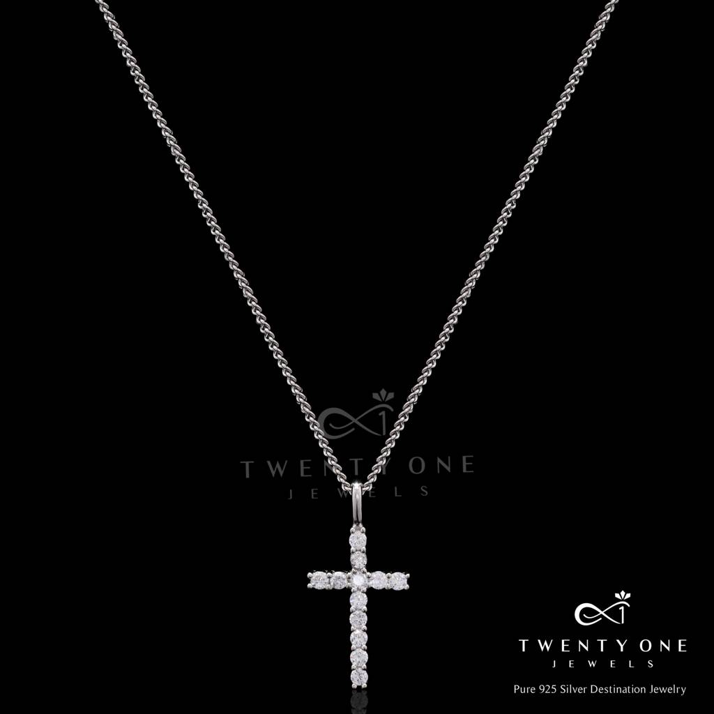 Classic Diamond Studded Cross Pendant With Chain On Pure 925 Silver ...