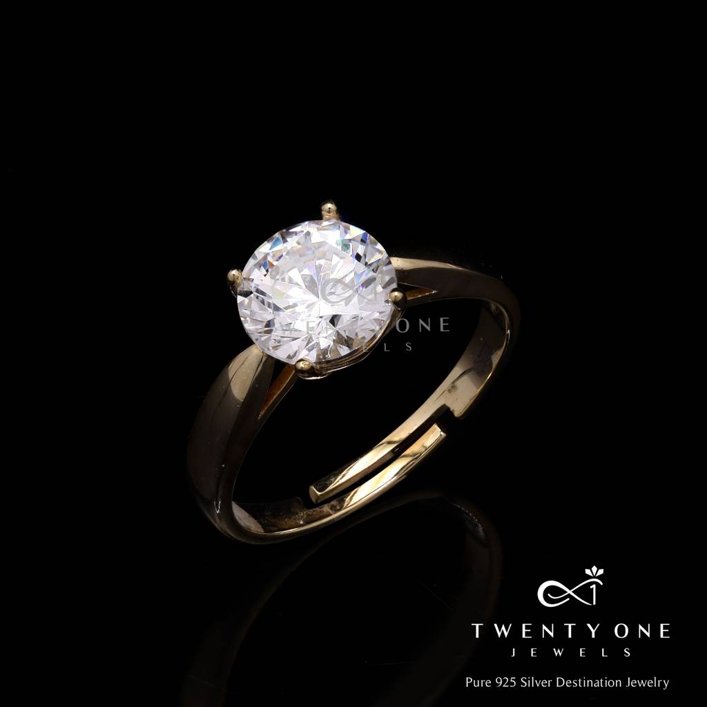 Adjustable Gold Finish 2 Carat Solitaire Zoe Ring On Pure 925| Fits All Sizes | Adjustable Gold ...