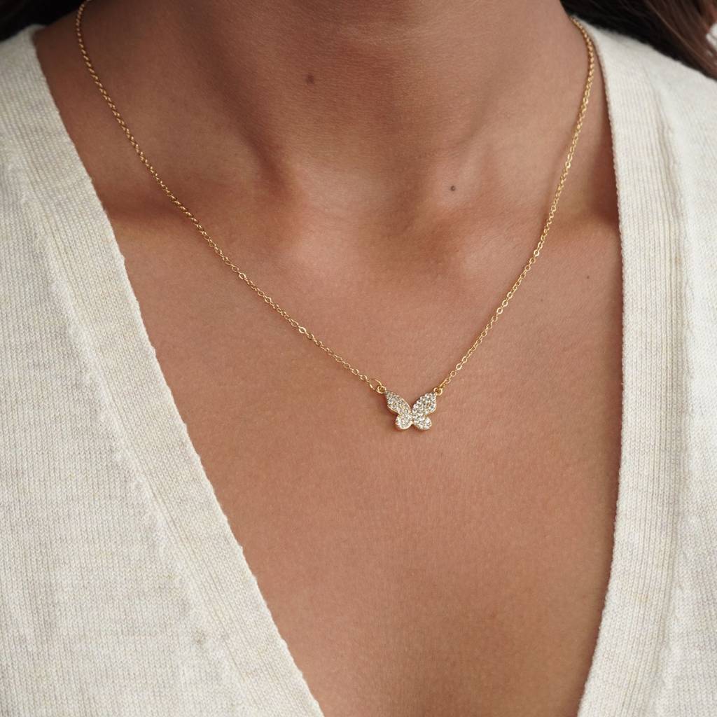 18K Gold Plated Waterproof, Anti-Tarnish Zircon Butterfly Pendant ...