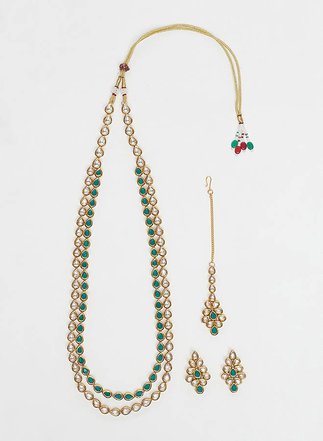 Double Layered Kundan Maang Tika Set With Green Beads | Double Layered ...