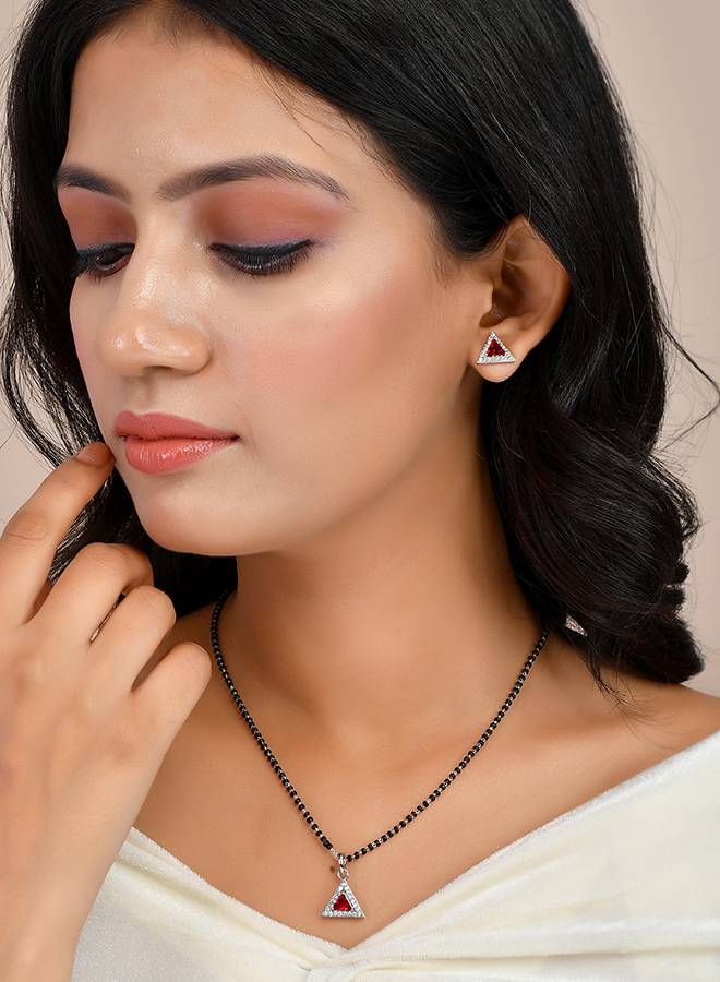 Sparkling Essentials Red Triangular Silver Mangalsutra Set | Sparkling Essentials Red Triangular ...
