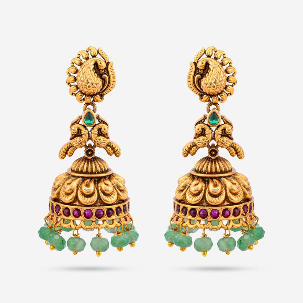 Kushal'S Fashion Jewellery Ruby-Green Gold-Plated Antique Jhumkas ...