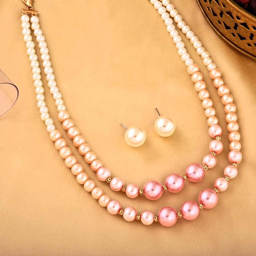 Estele Gold Plated Ravishing Double Line Pearl Necklace Set For Women ...