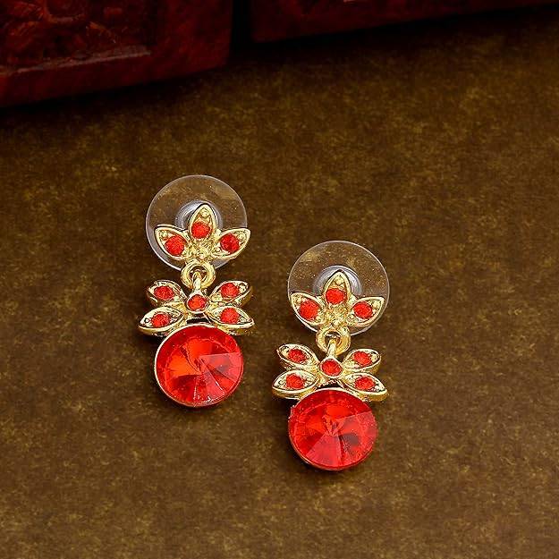 Gold Finish Red Crystal Floral Drop Earrings For Women | Gold Finish ...