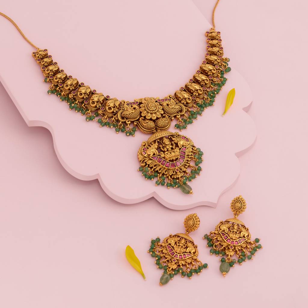 Ruby-Green Gold-Plated Ethnic Antique Necklace-454310 | Ruby-Green Gold ...