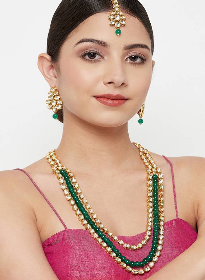 3 Layered Kundan Maang Tika Set With Green Beads | 3 Layered Kundan ...