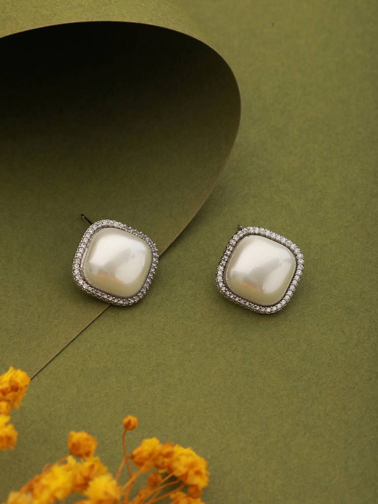 Silver Toned Pearl Minimal Square Studds Earring | Silver Toned Pearl ...