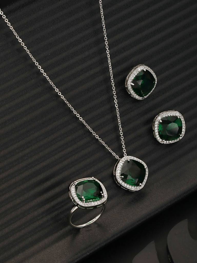 Silver Plated Green Cz Studded Combo Ring Jewellery Set | Silver Plated ...